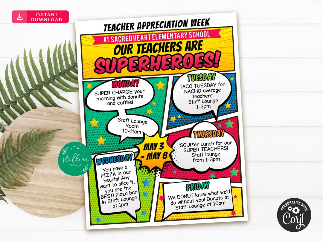 EDITABLE Superhero Teacher Appreciation Week Itinerary Poster ...