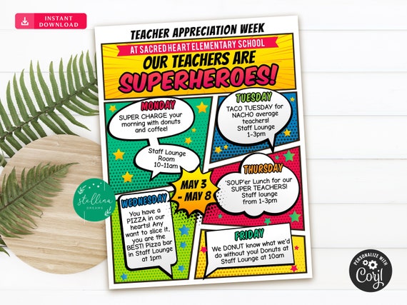 EDITABLE Superhero Teacher Appreciation Week Itinerary Poster - Etsy