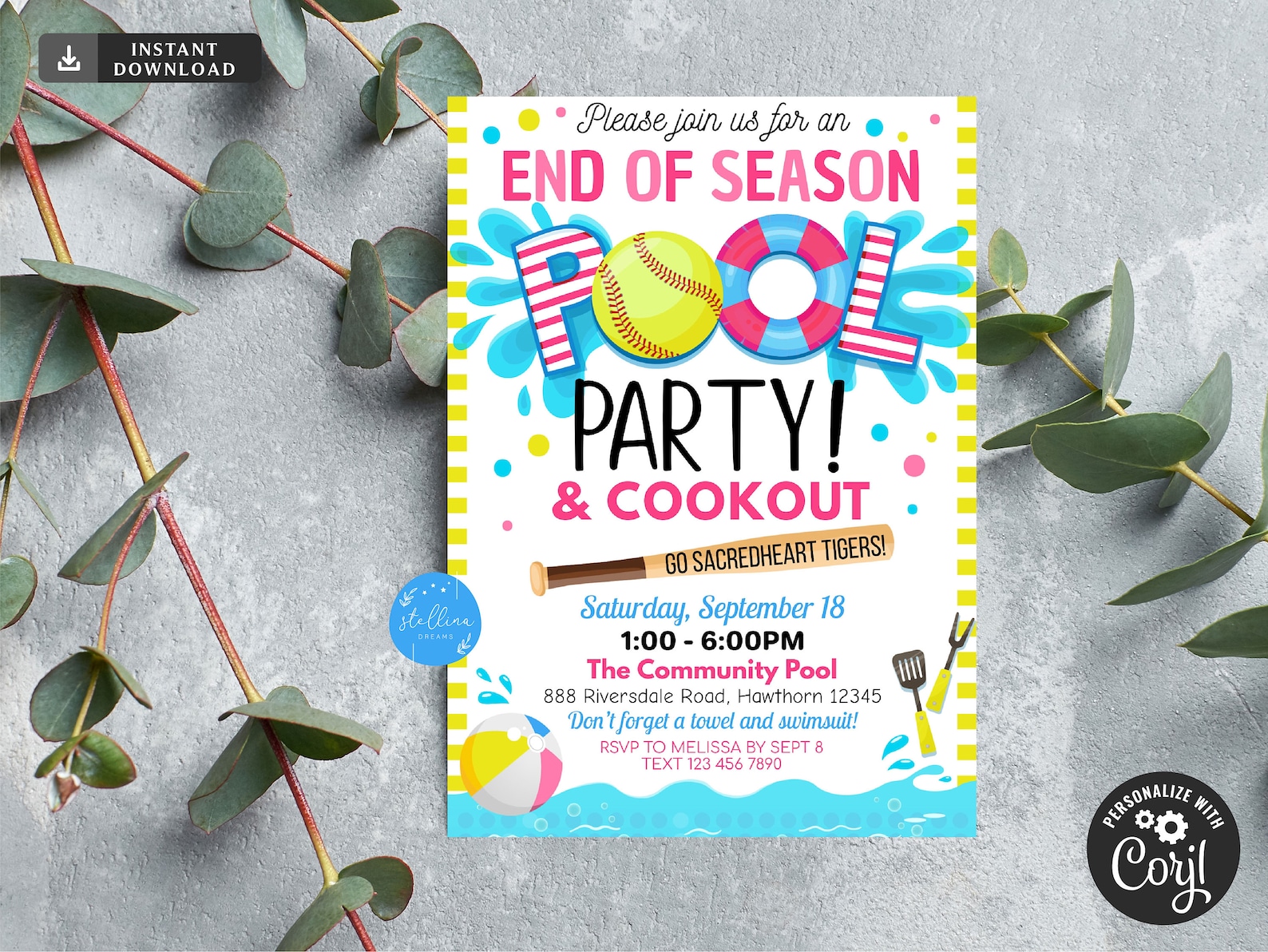Summer Pool Softball Party Invitation, Back to School Invite, Team BBQ ...