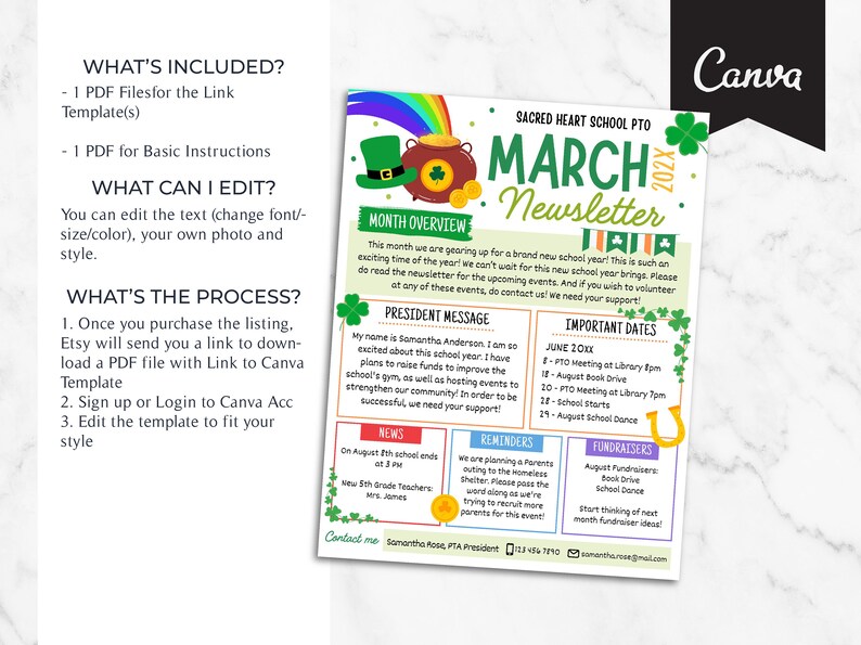 Editable March PTO PTA Newsletter Flyer, St. Patricks Day Printable ...