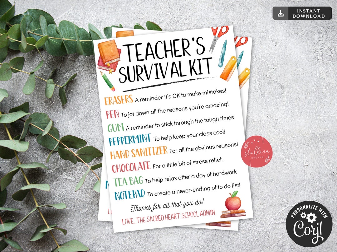 Teacher Survival Kit Printable, Back to School Teacher Gift, Pta, Back ...