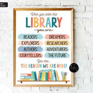 School Library Classroom Poster, Watercolor Librarian Decor, Technology ...