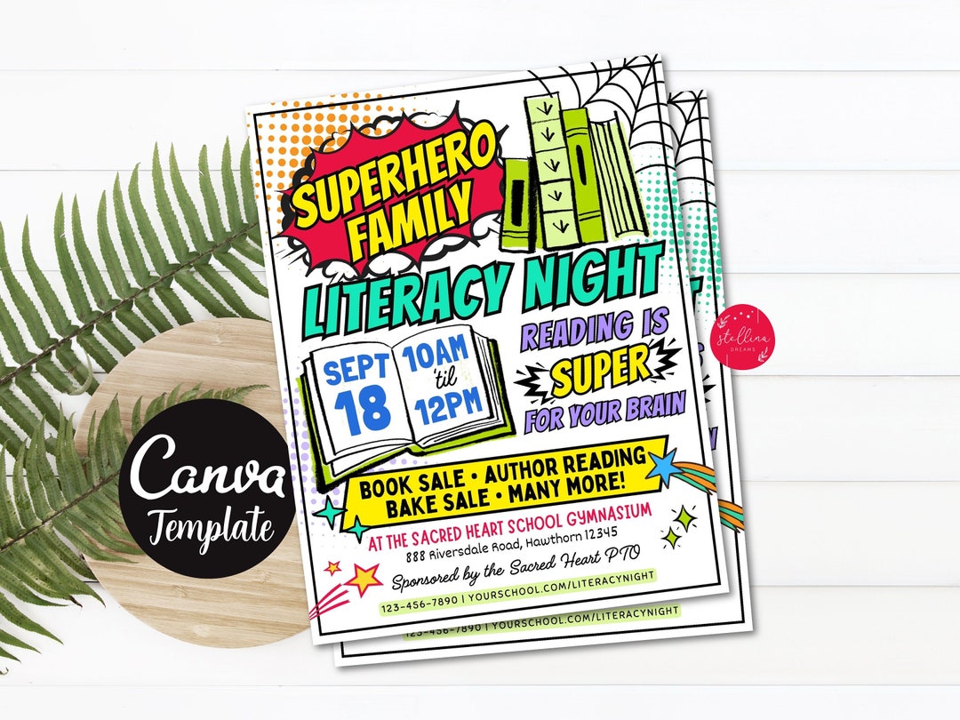 Superhero Literacy Night Flyer: Editable School Event CANVA Template ...