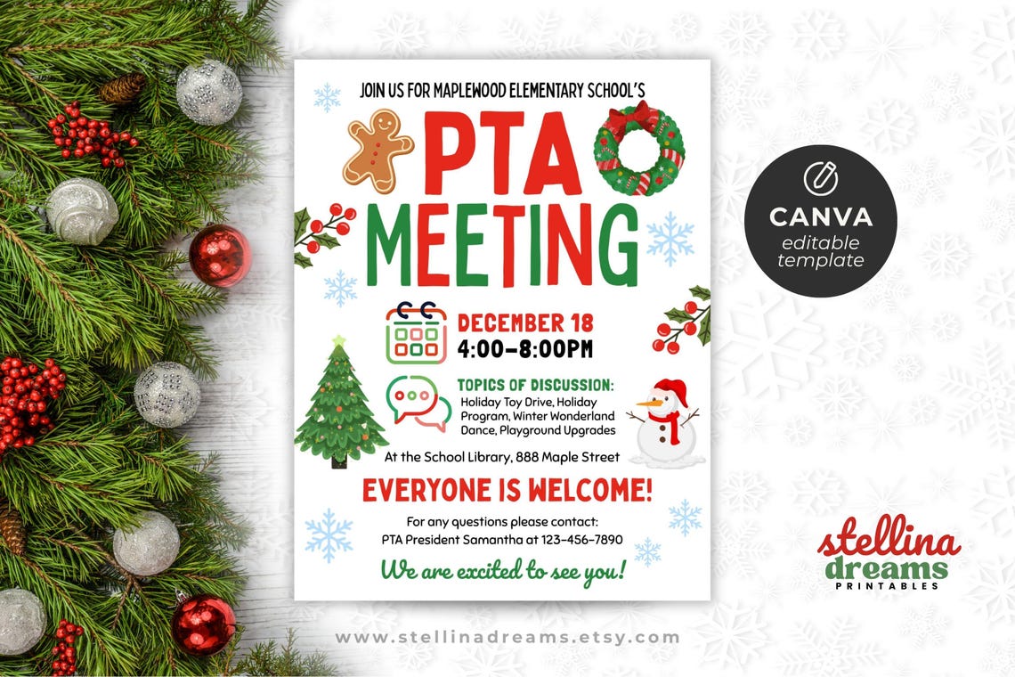 Christmas PTO Meeting Flyer Template | School Holiday Event | December ...