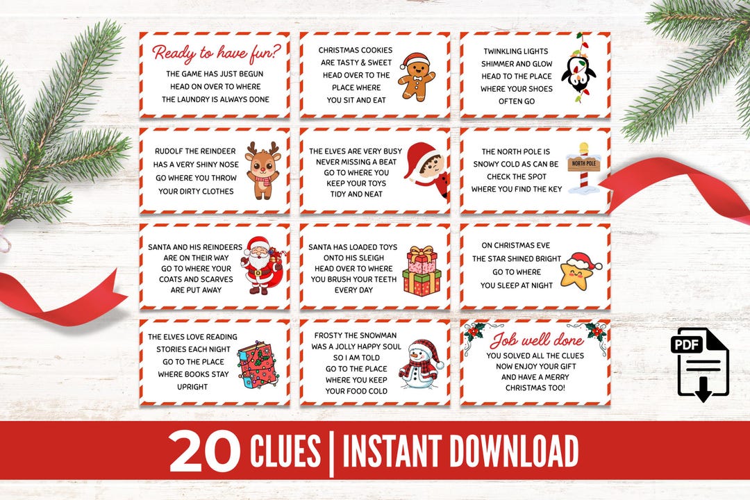 Christmas Treasure Hunt Cards, Printable Gift Scavenger Hunt, Holiday ...