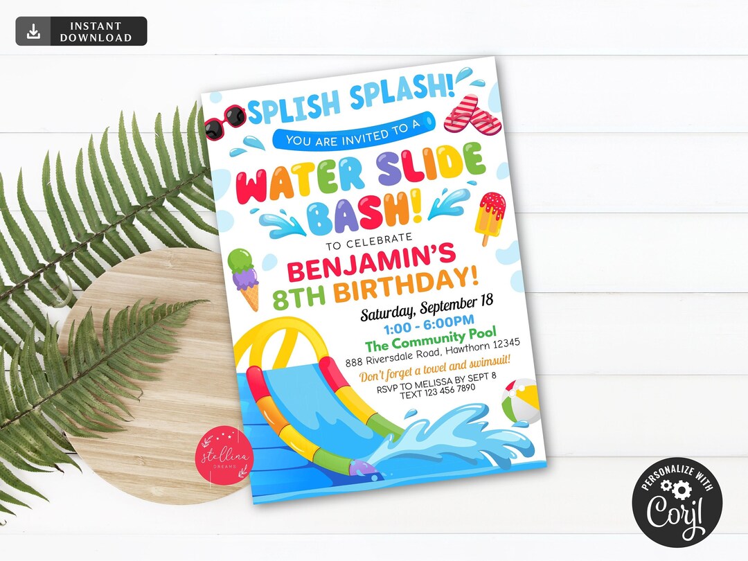 Water Slide Birthday Invitation Splash Party Invitation BLUE Waterslide Bash DIY Editable ...