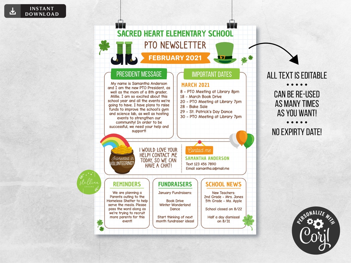 March PTO PTA Newsletter Flyer, St Patricks Day Printable Handout ...