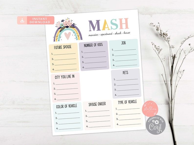 Printable Mash Game, Middle School Game, Pamper Party Classic Sleepover ...