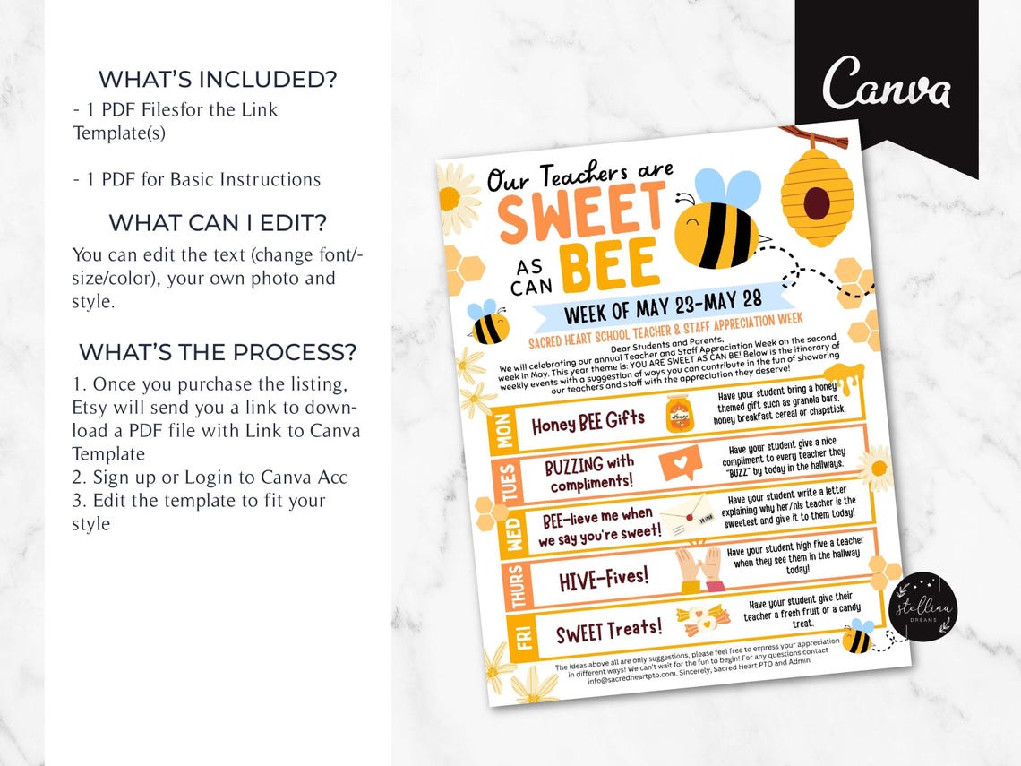 Bee Themed Teacher Appreciation Week Itinerary Take Home Sheet Sweet as ...