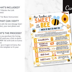 Bee Themed Teacher Appreciation Week Itinerary Take Home Sheet Sweet as ...