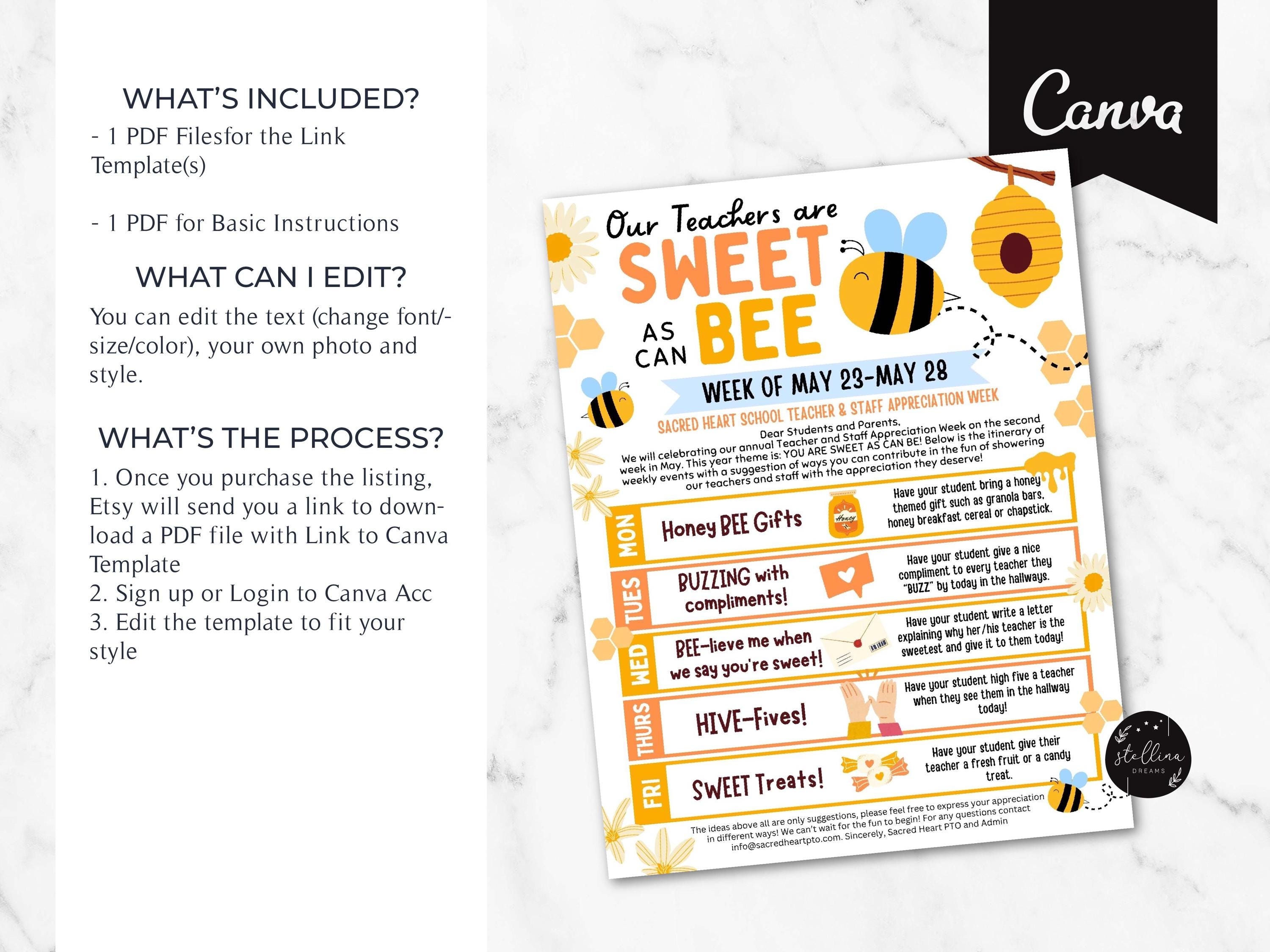 Bee Themed Teacher Appreciation Week Itinerary Take Home Sheet Sweet as ...