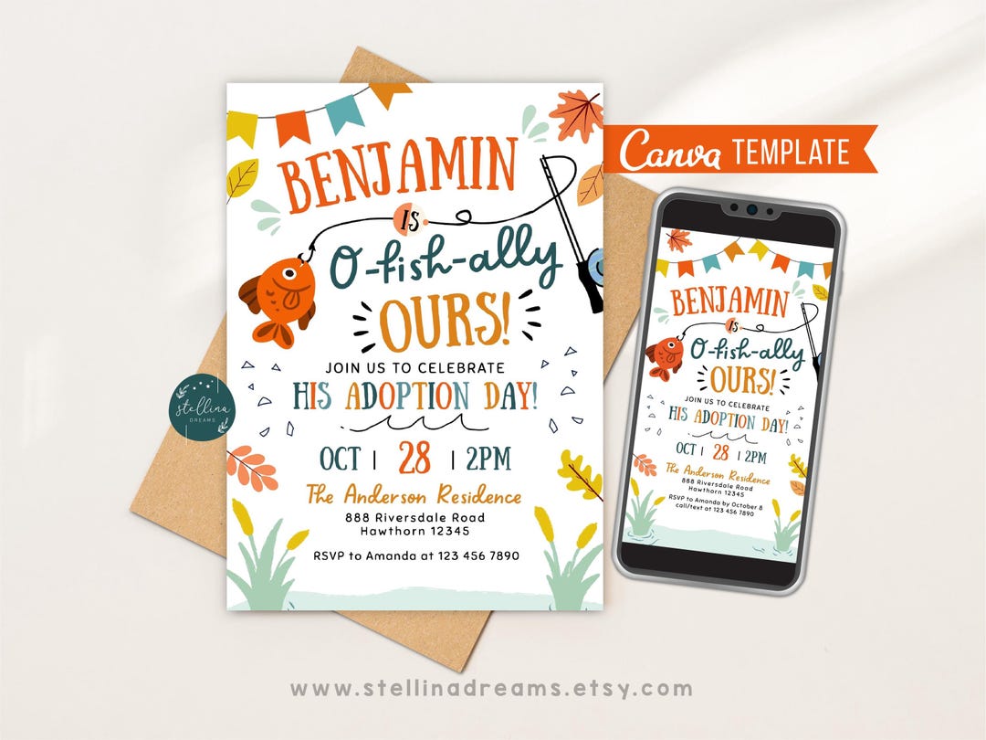 Fall Fishing Adoption Invitation, Rainbow Boho O-fish-ally Ours Invite ...