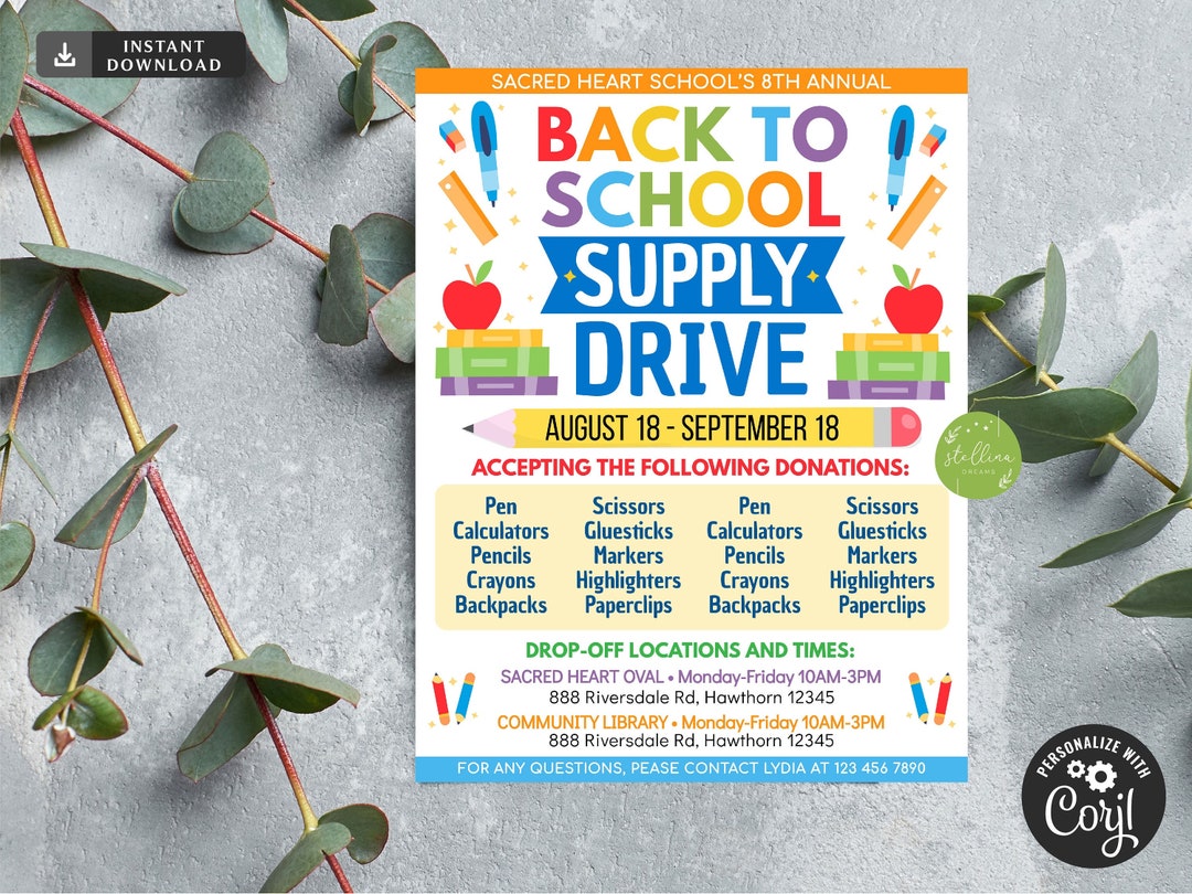 School Supply Drive Flyer, Printable PTA PTO Flyer, School Supplies ...