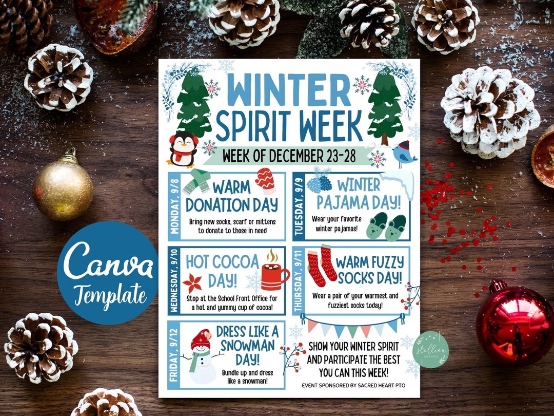 Winter School Spirit Week Itinerary: Editable CANVA Template, Weekly ...
