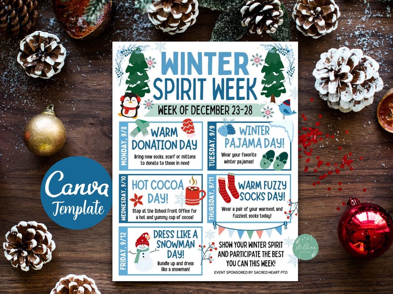 Winter School Spirit Week Itinerary: Editable CANVA Template, Weekly ...
