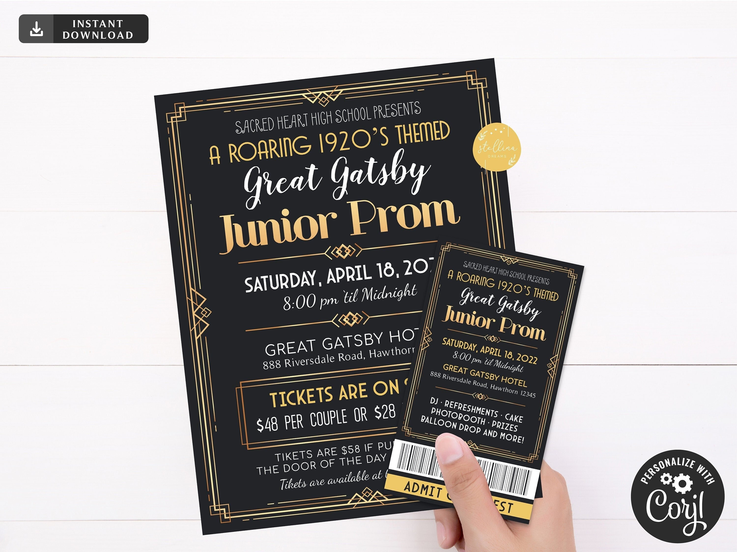 EDITABLE Prom Set, Ticket Roaring 1920's Great Gatsby Themed, School ...