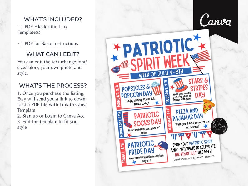Patriotic School Spirit Week Itinerary: 4th of July Planner (canva ...