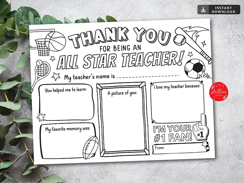 Sports All Star Teacher Appreciation Printable: Coloring Page (instant ...
