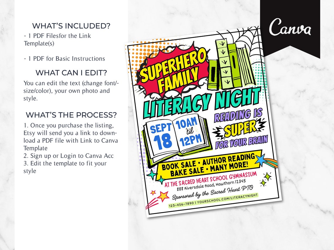 Superhero Literacy Night Flyer: Editable School Event CANVA Template ...
