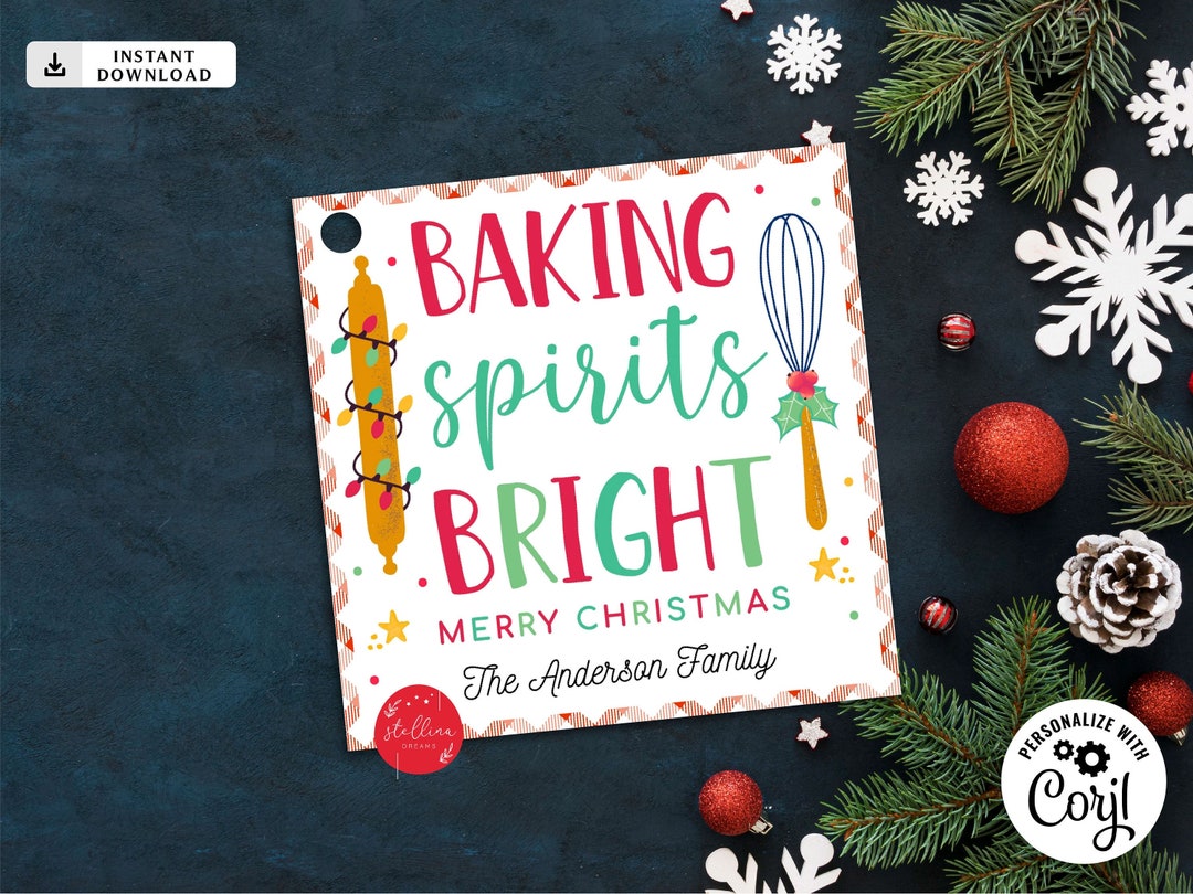 Editable Christmas Gift Tags, Baking Spirits Bright Gift Tag, Holiday ...