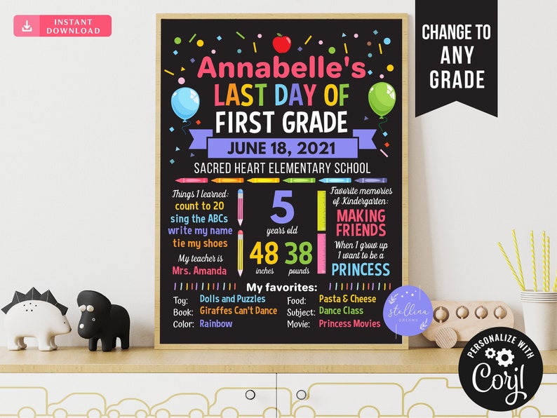 EDITABLE Last Day of School Photo Sign, Girl Back to School Chalkboard ...