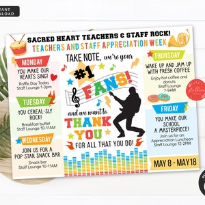 EDITABLE Music You Rock Themed Teacher Appreciation Week Itinerary ...