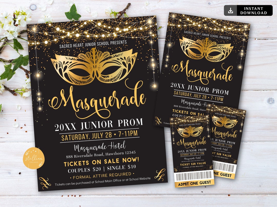 EDITABLE Prom Set, Dance Flyer Invitation Ticket Masquerade Ball, Gold ...