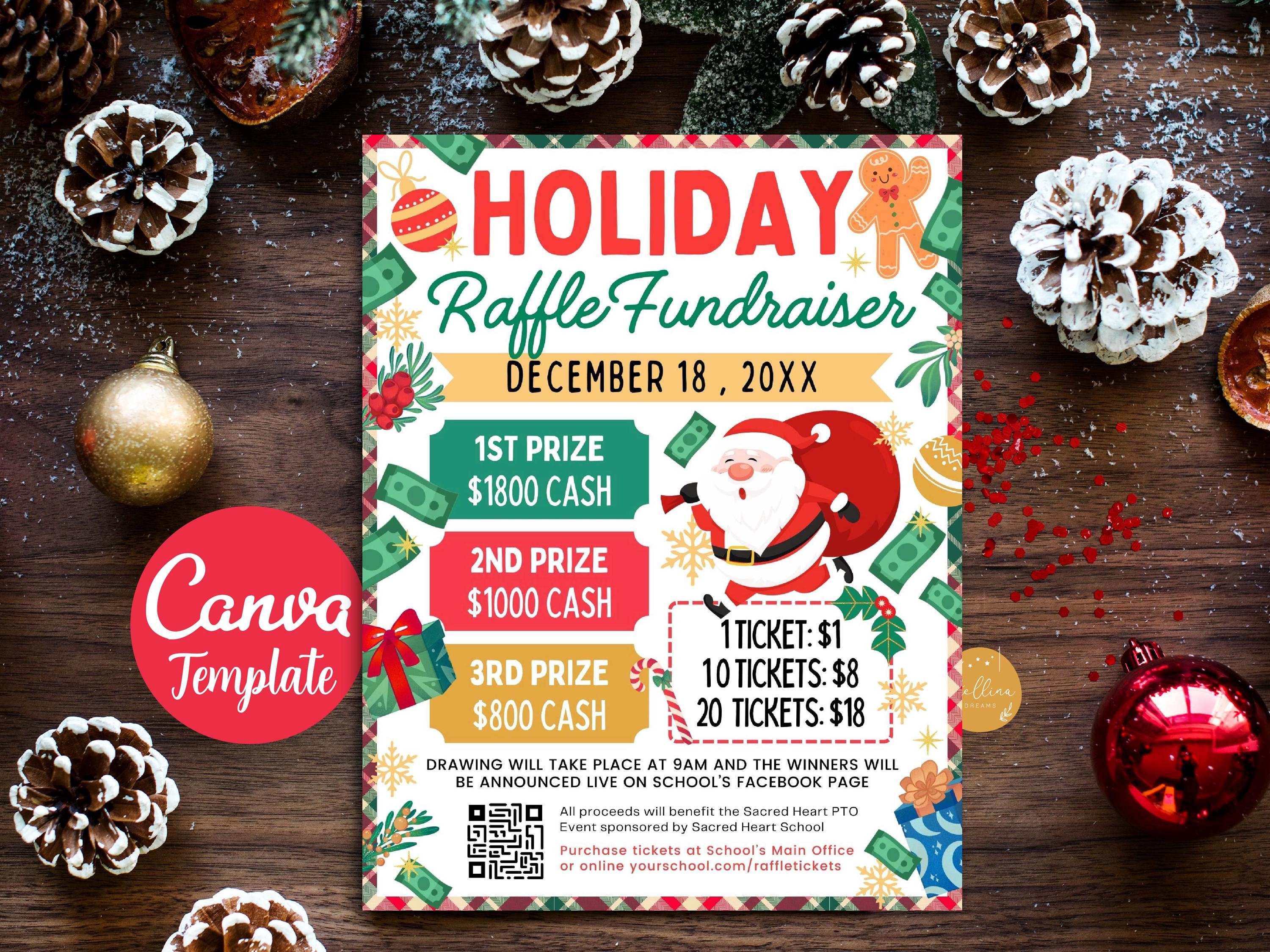 Christmas Raffle Ticket Flyer: Holiday Fundraiser Canva Template, Split ...