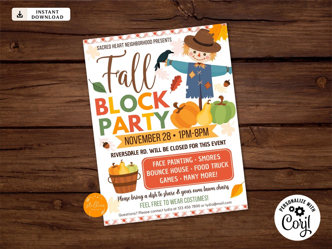 Fall Block Party Festival Harvest Invite Printable Flyer, EDITABLE ...