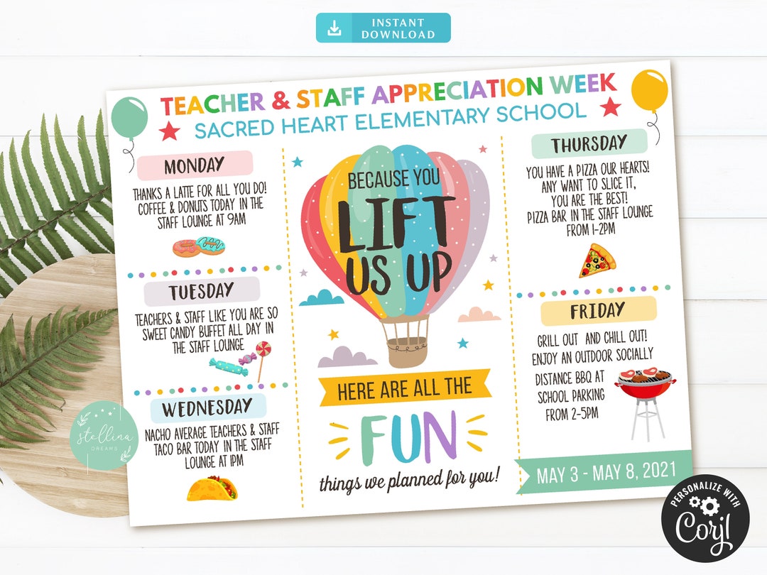 EDITABLE Lift Us up Teacher and Staff Appreciation Week, Itinerary ...