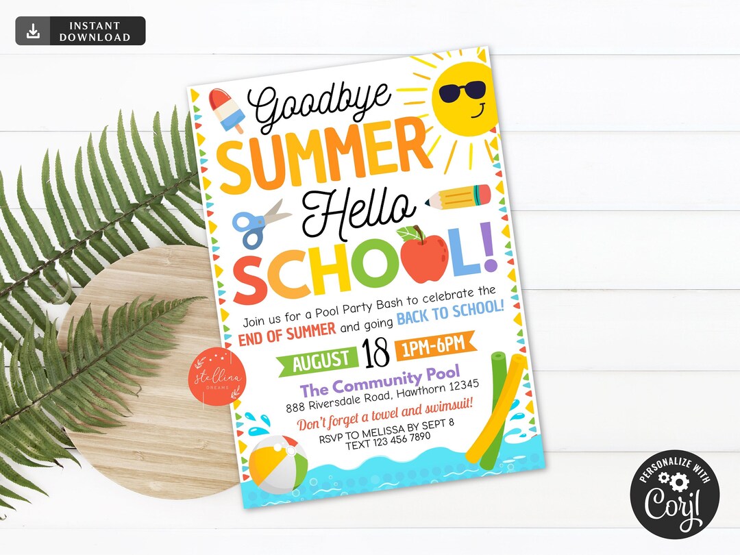 End of Summer Party Invitation, Goodbye Summer Hello School Party ...