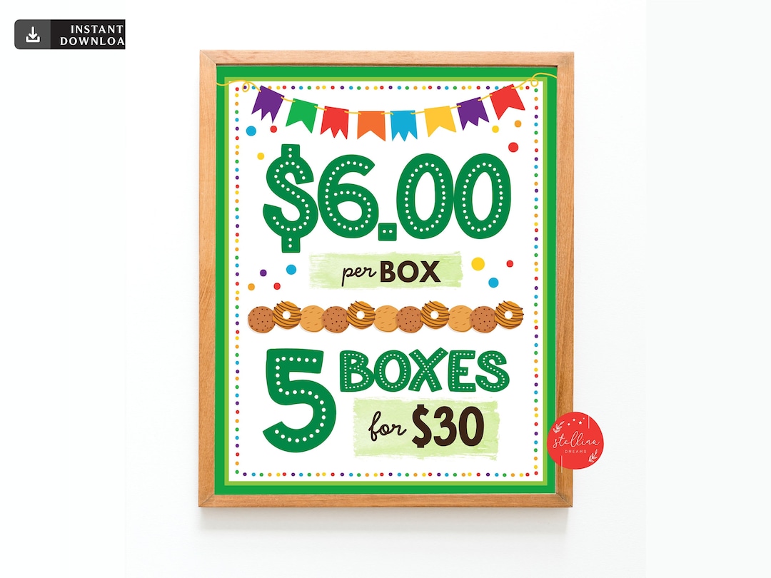 INSTANT DOWNLOAD Cookie Price Sign 6 Dollars per Box 5 Boxes for 30 ...