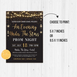 EDITABLE Prom Dance Invitation, Gold Glitter an Evening Under the Stars ...