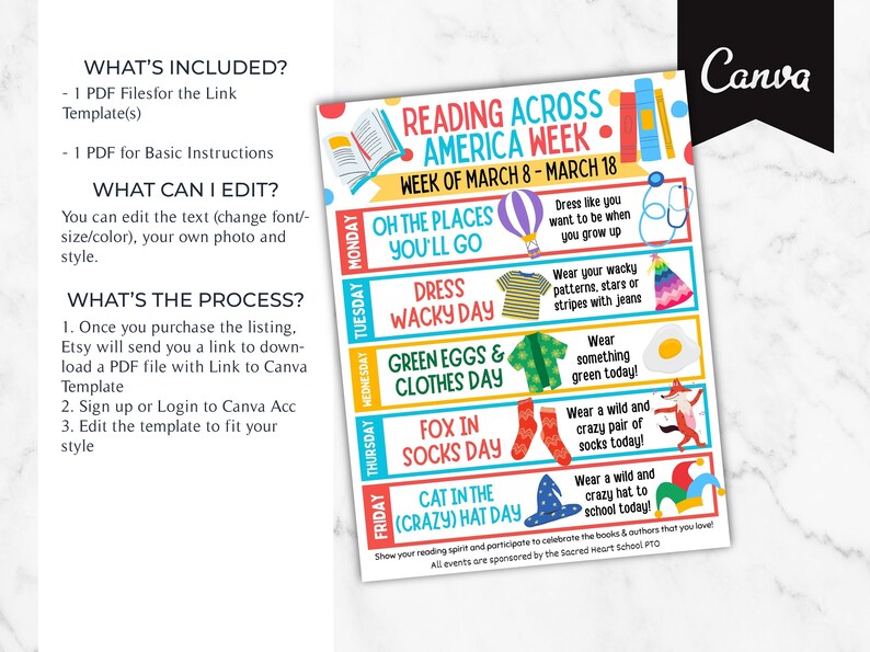 School Spirit Week Itinerary: Reading Across America (CANVA Template ...
