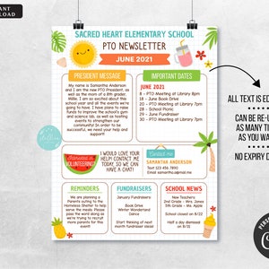 June PTO PTA Newsletter Flyer, Summer Printable Handout, School Year ...