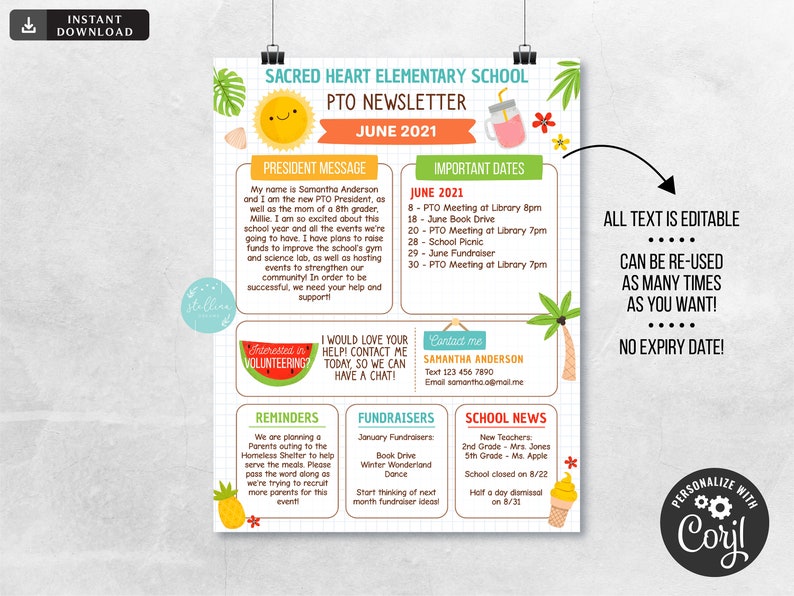 June PTO PTA Newsletter Flyer Summer Printable Handout - Etsy