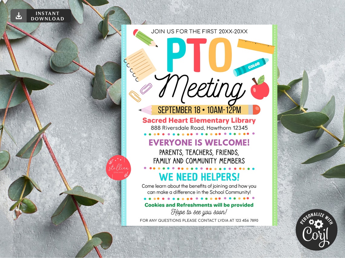 PTO PTA Meeting Informational Flyer, Printable Handout, School ...