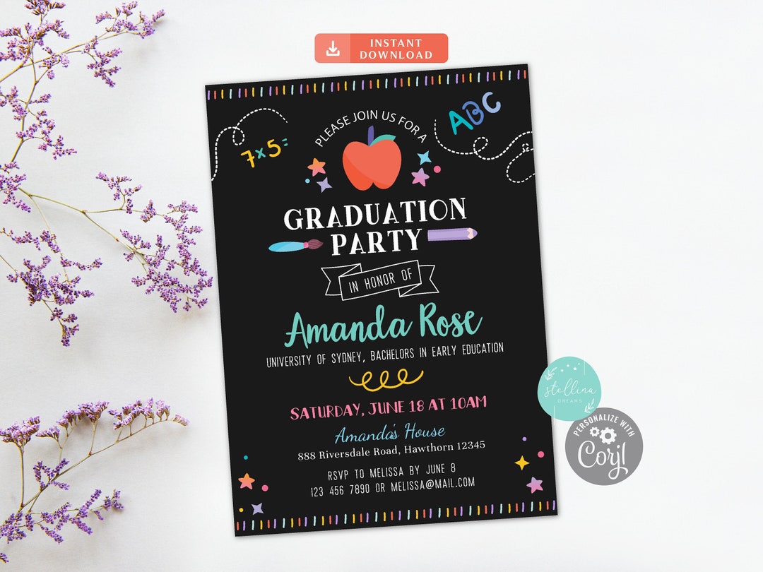 Editable Teacher Graduation Invitation, College Graduate, Apple Invite ...