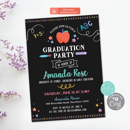 Teacher Graduation Invitation Chalkboard Printable College - Etsy