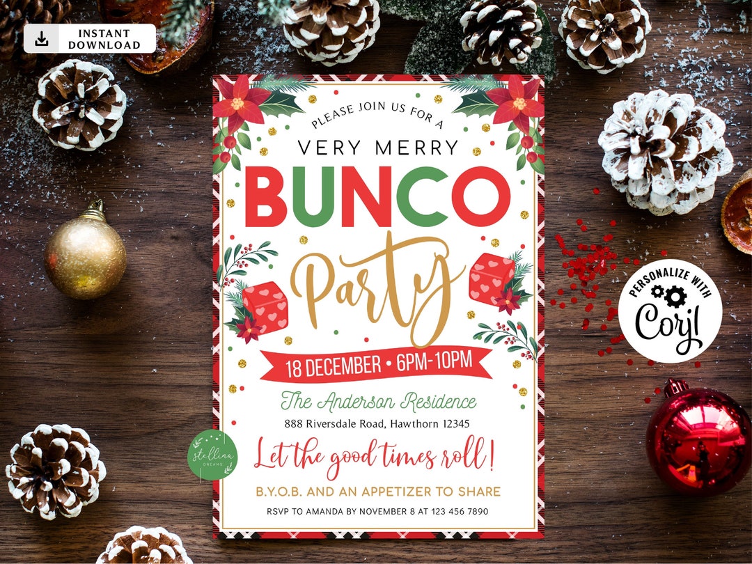 Christmas Bunco Party Invitation, EDITABLE Holiday Merry Bunco Dice ...