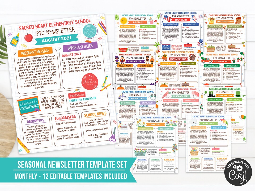 Yearly Pto Pta Newsletter Template Set, Classroom Printable Handout ...