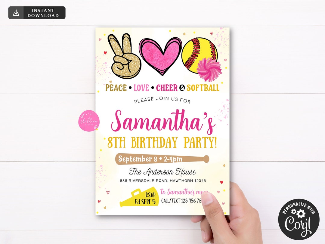 EDITABLE Softball and Cheer Birthday Invitation, Peace Love Softball ...