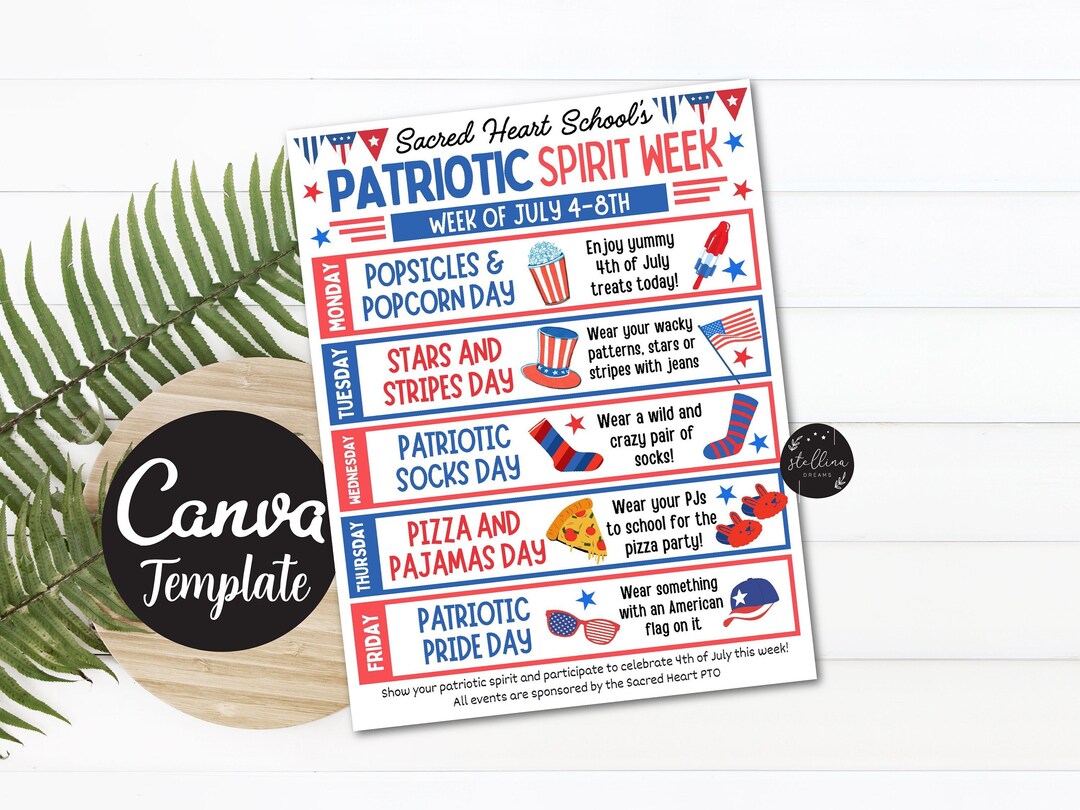 EDITABLE Patriotic School Spirit Week Itinerary Schedule, Daily Weekly ...