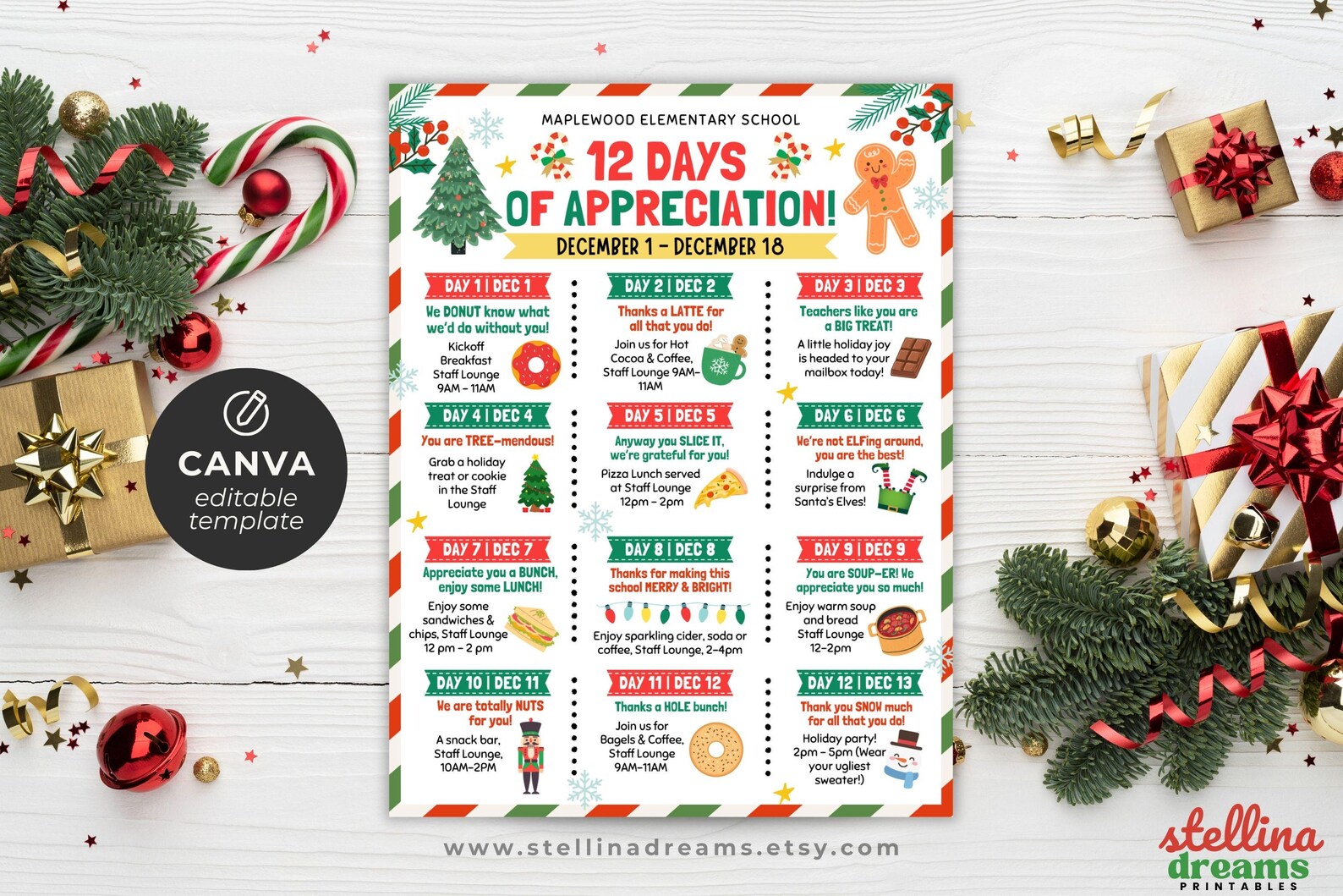 12 Days of Christmas Teacher Staff Appreciation Flyer, Editable Canva ...
