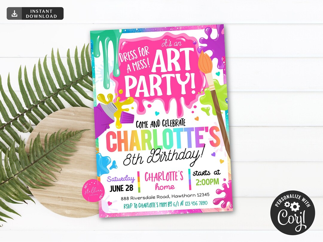 Art Birthday Party Invitation: Neon Paint and Pour Invite, Splatter ...