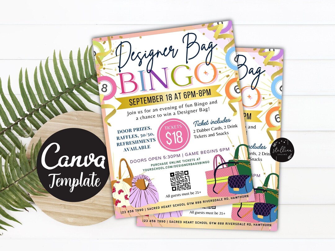 Editable Designer Bag Bingo Night Flyer, School Pta Pto Family Womens ...