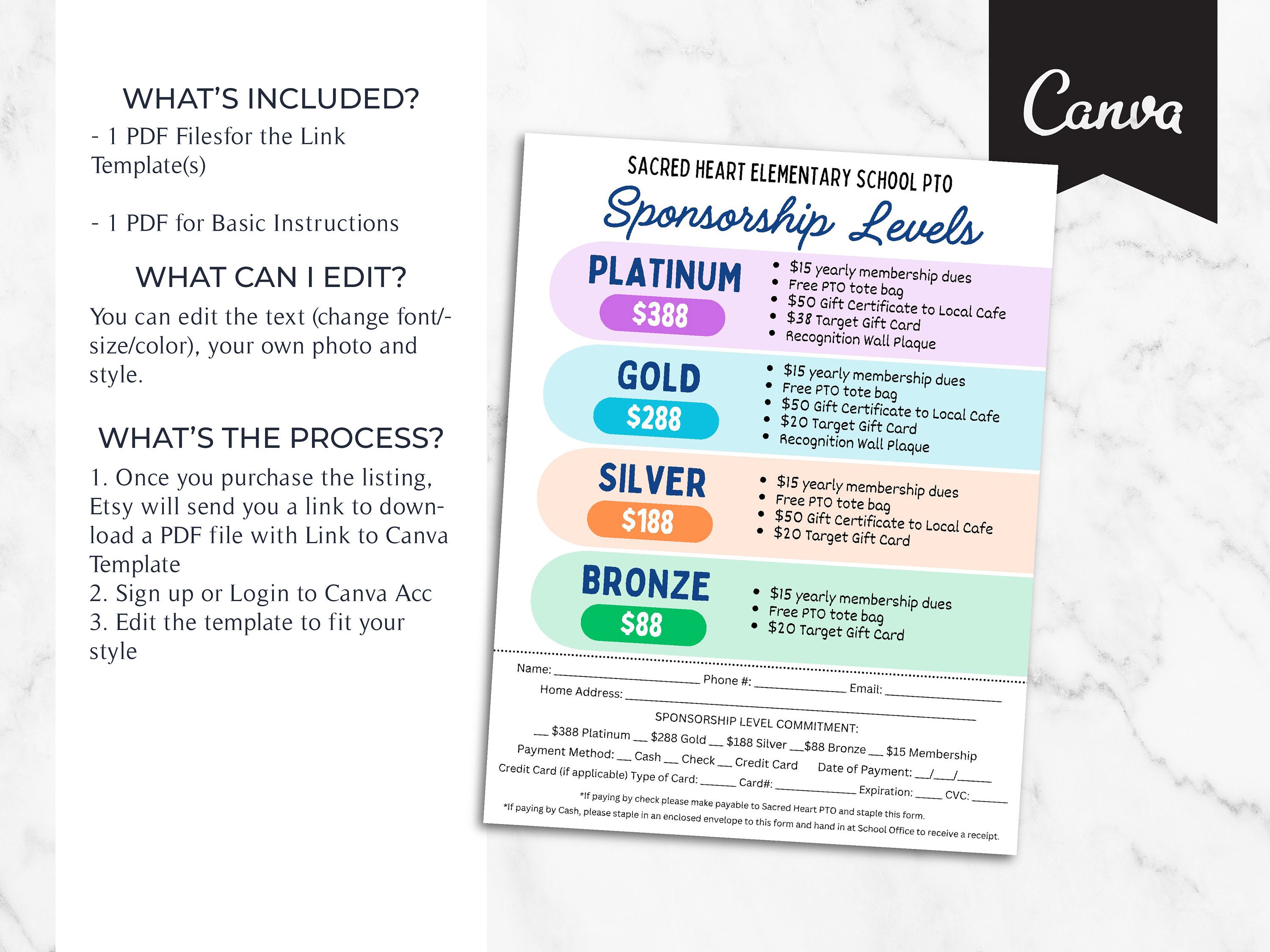 Editable PTO PTA Form, Sponsorship Membership Donation Signup Printable ...