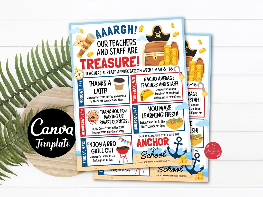 Editable Pirate Themed Teacher Appreciation Week Itinerary Beach Theme ...