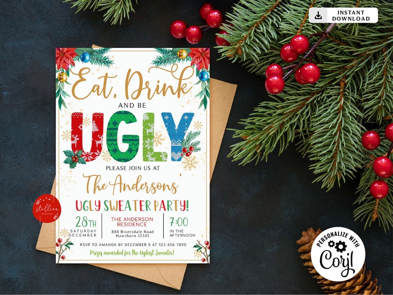 Christmas Ugly Sweater Party Invitation EDITABLE Christmas - Etsy