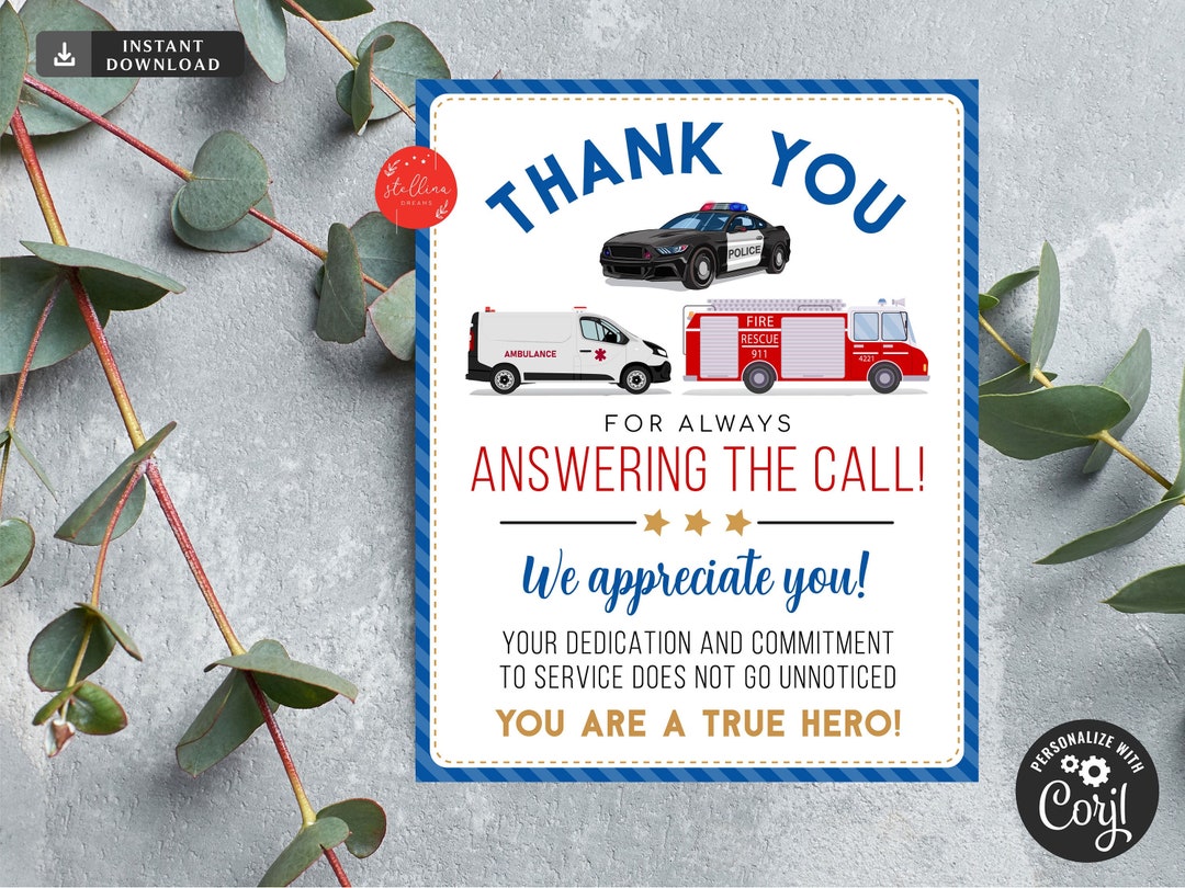 First Responders Appreciation Sign: Police, EMT, Firefighter (instant ...
